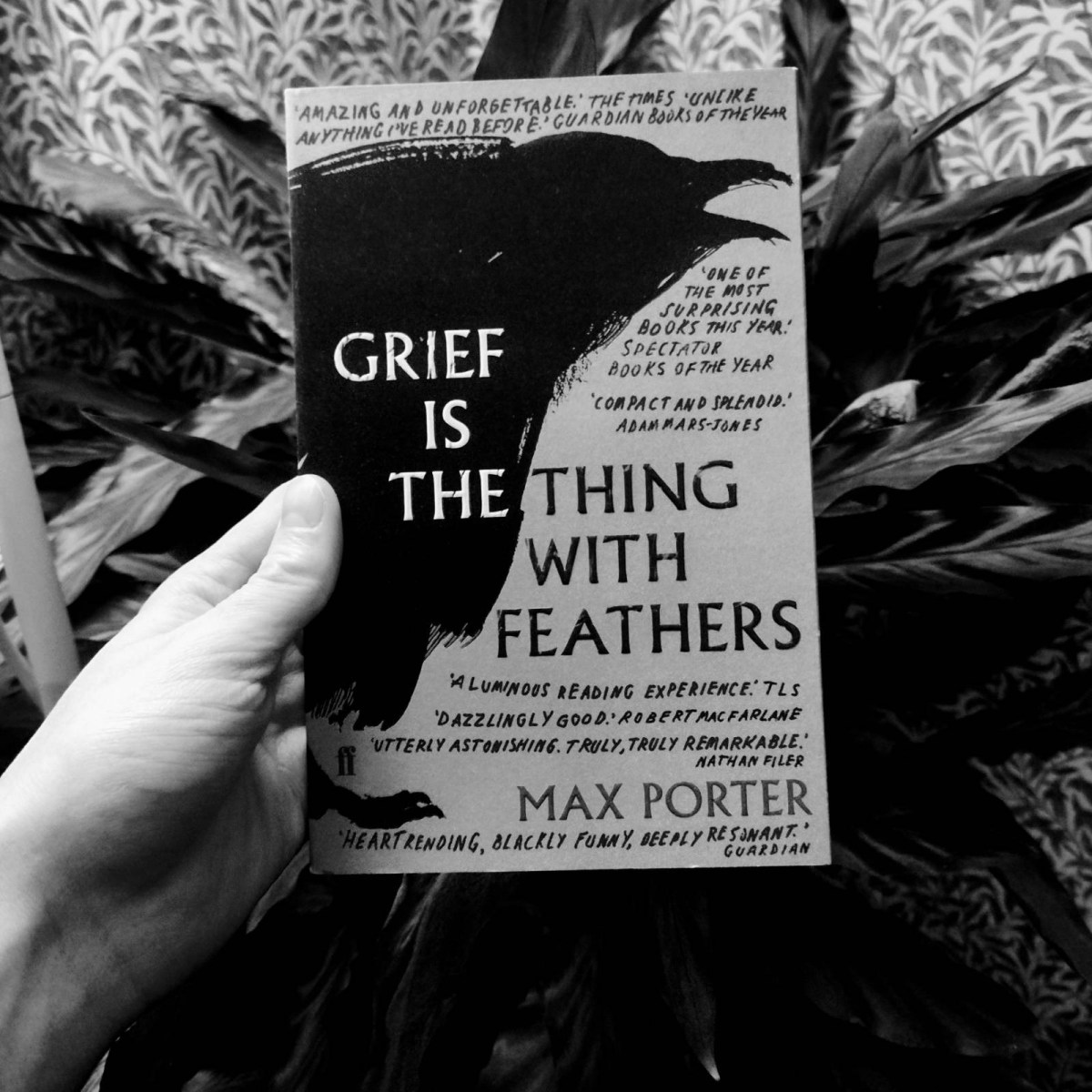 “Grief is the Thing with Feathers” by Max Porter – em with pen
